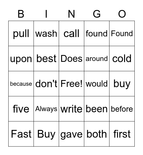High Frequency Words Bingo Card