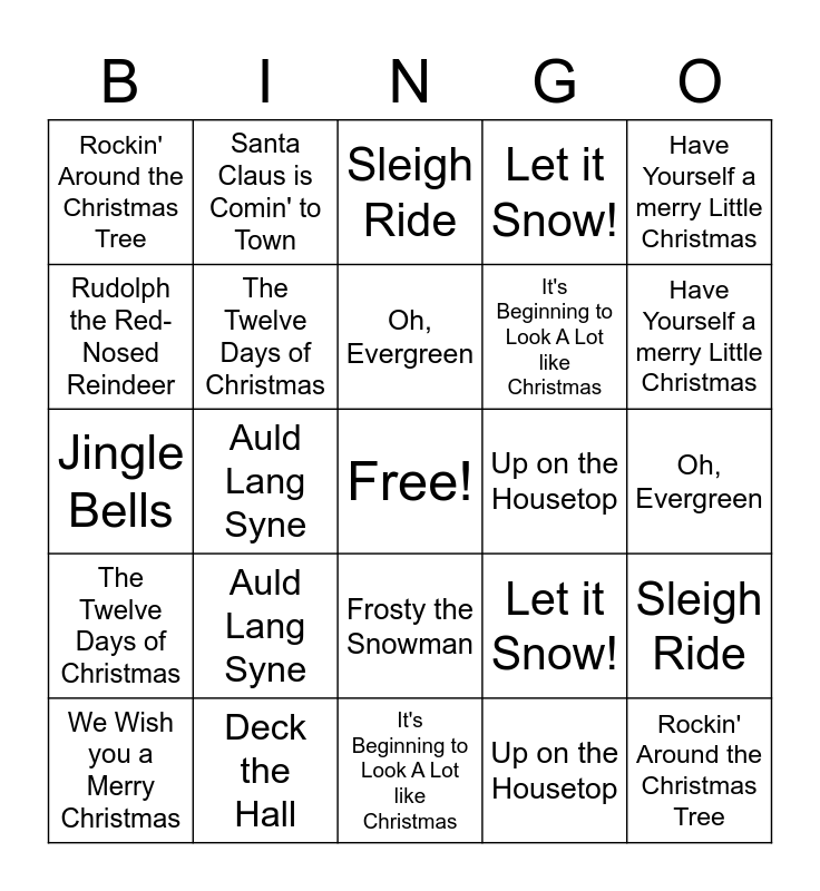 Winter Song Bingo Card