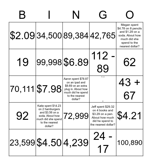 Estimation and Rounding Bingo Card