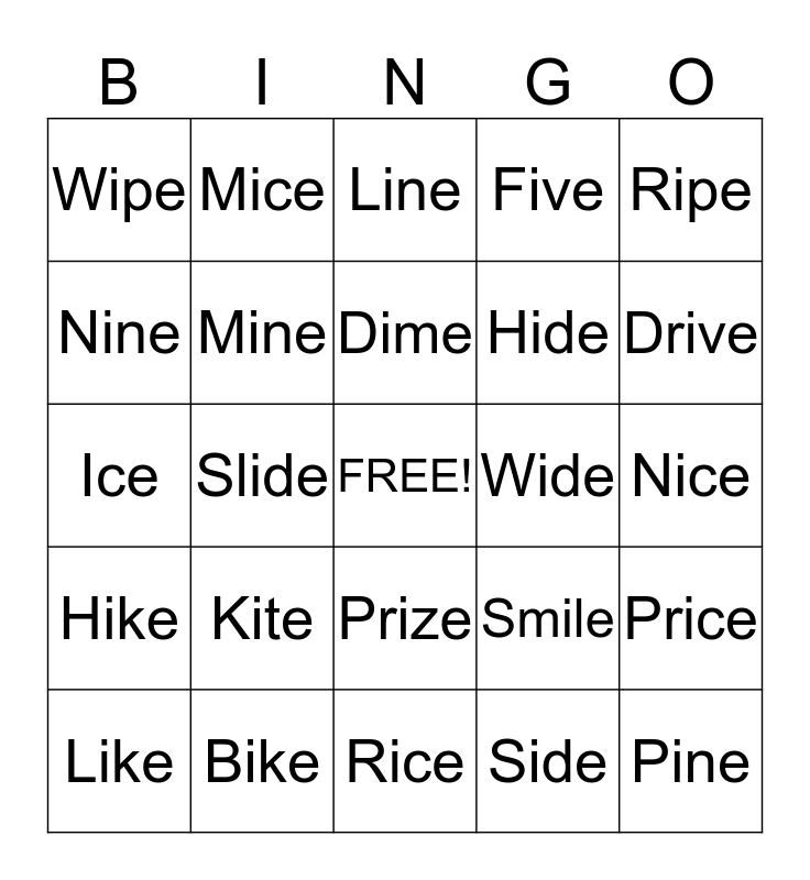 Long I Silent E Bingo Card
