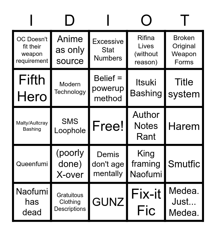 Bad SH Fanfiction Bingo Card