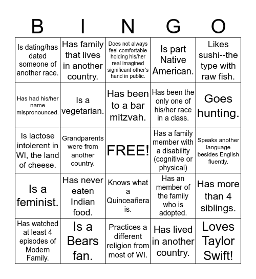Diversity/Multicultural Bingo Card