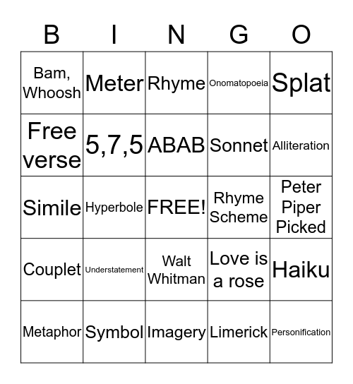 Poetry Terms Bingo Card