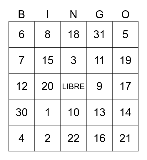 NÚMEROS Bingo Card