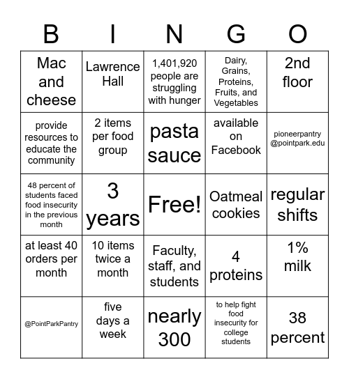 Pioneer Pantry Bingo Card
