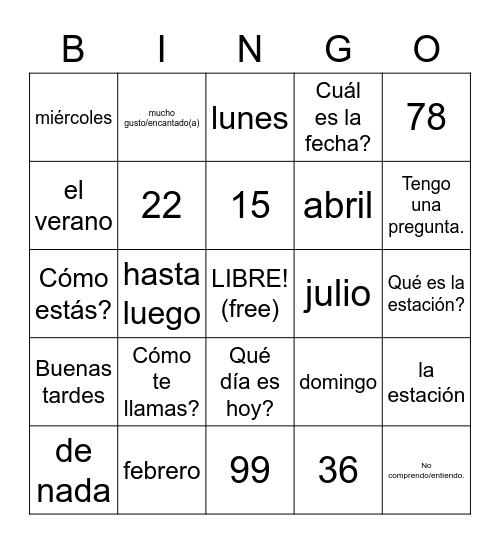 Expresiones y días, meses, y estaciones Bingo Card