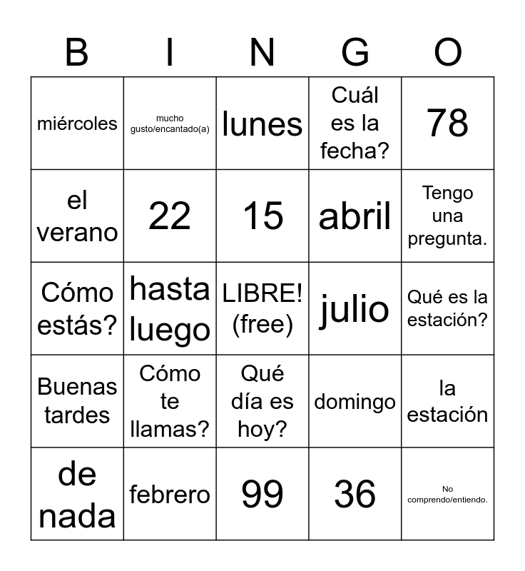 Expresiones y días, meses, y estaciones Bingo Card