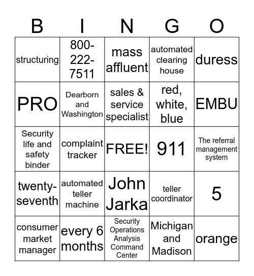 Banking Center BINGO Card