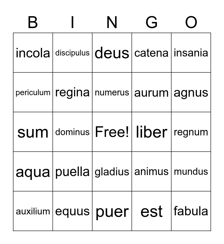 SFXS Latin Bingo Card