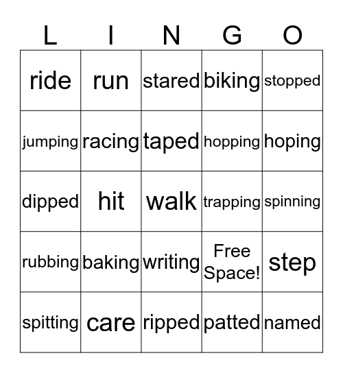 Inflectional Endings -ed and -ing and -e Drop Bingo Card