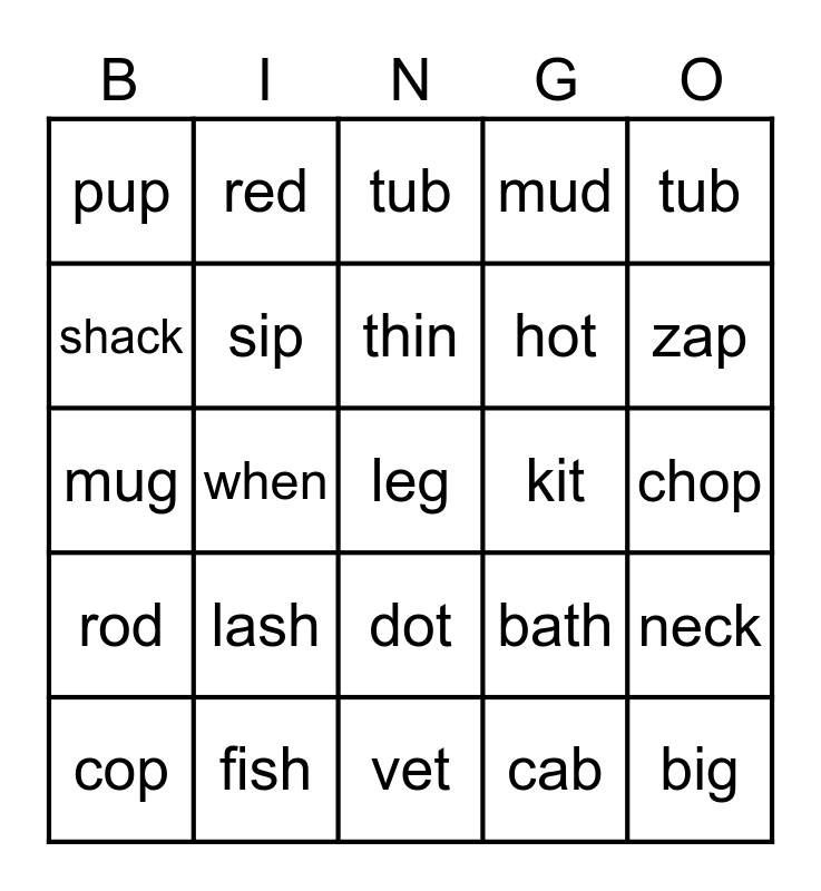 CVC Bingo with Digraphs and Borrowers Bingo Card
