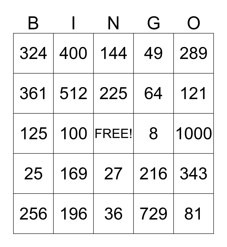 Perfect Squares and Perfect Cubes Bingo Card
