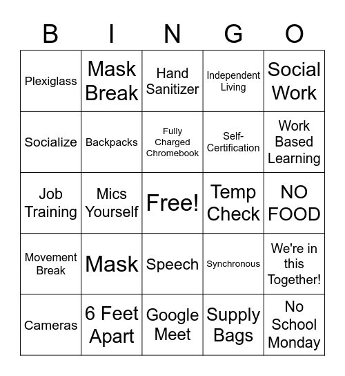 Remote vs In-Person Learning Bingo Card