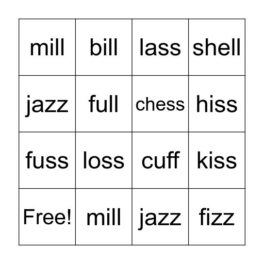 -ff, -ll, -ss, -zz Bingo! Bingo Card