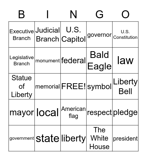 United States Symbols and Government Bingo Card