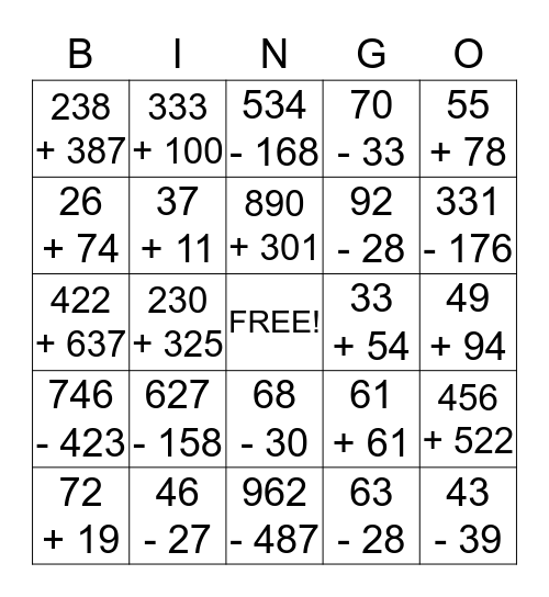 Math Bingo Card