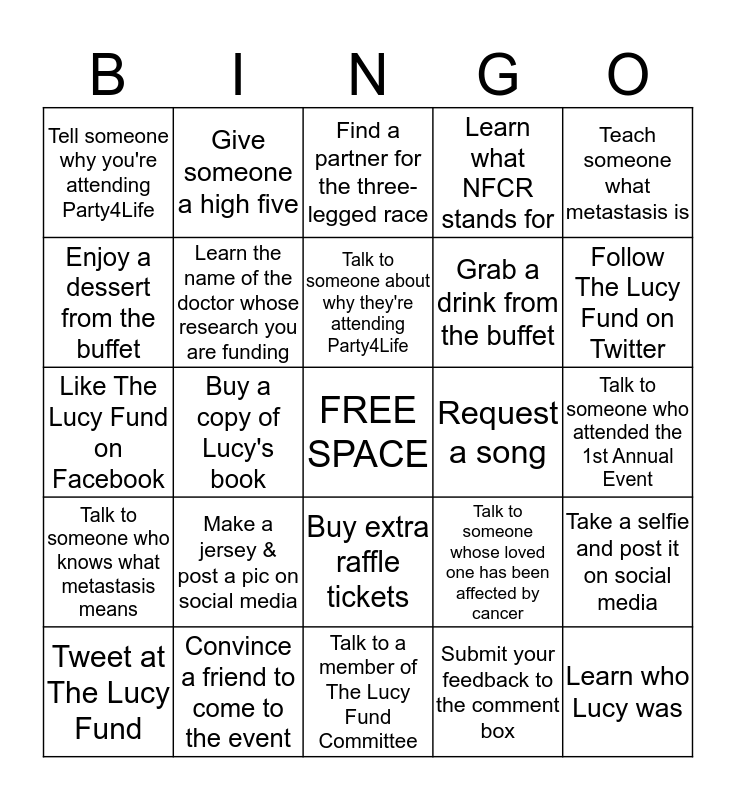 Party4Life Bingo Card