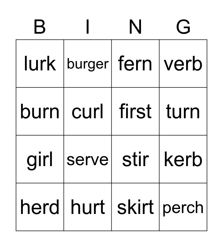 Bingo ir, er, ur Bingo Card