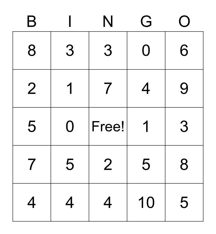 BINGO 1-10 Bingo Card