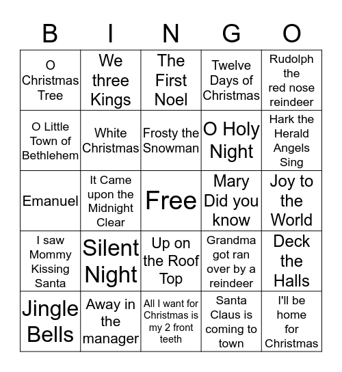 Christmas Carol Bingo Card