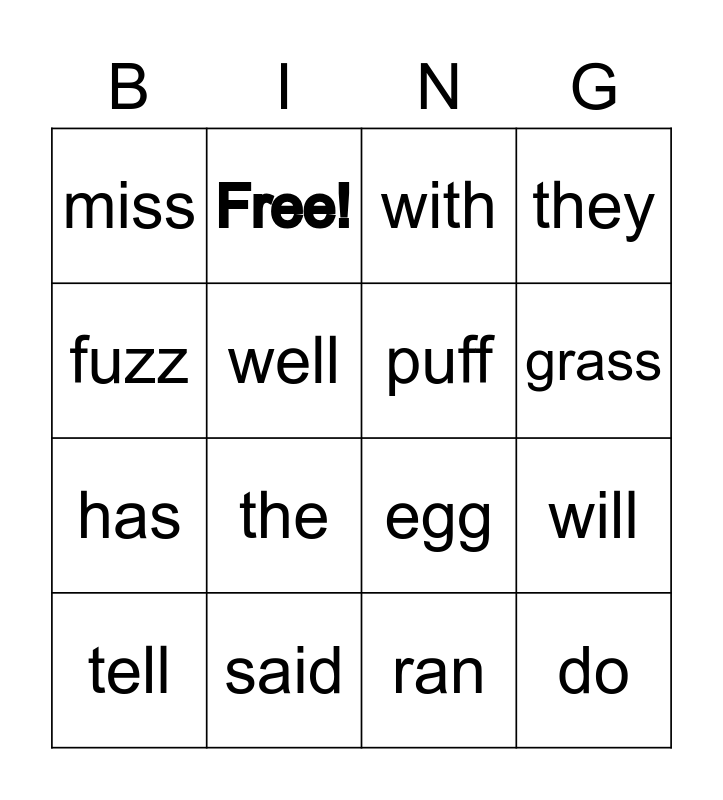 Double Final Consonants Bingo Card