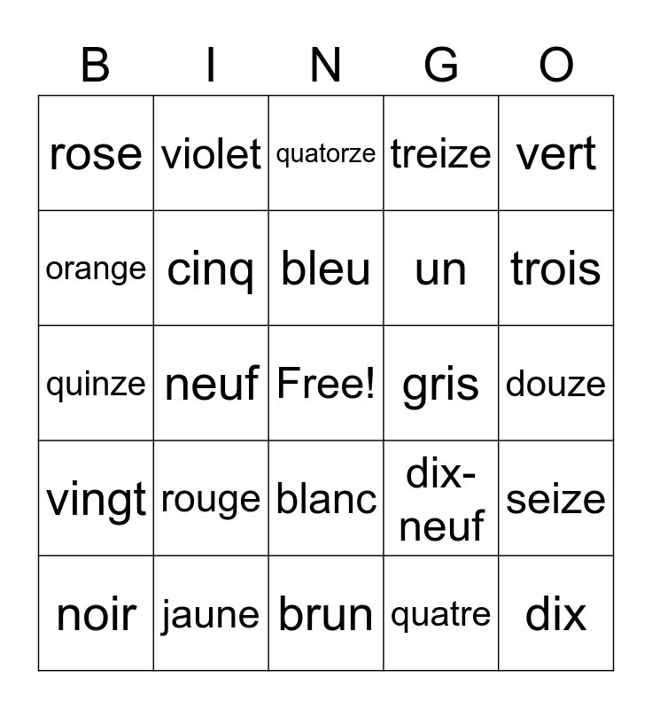 les couleurs Bingo Card