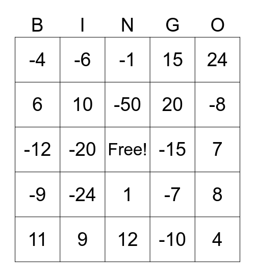 Multiply and Dividing Integers Bingo Card