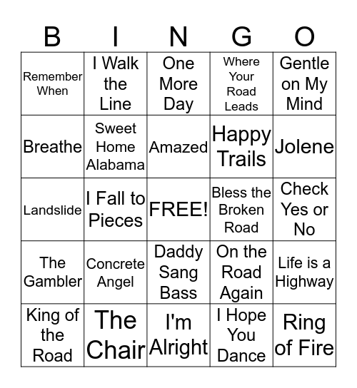 Country Song Bingo Card