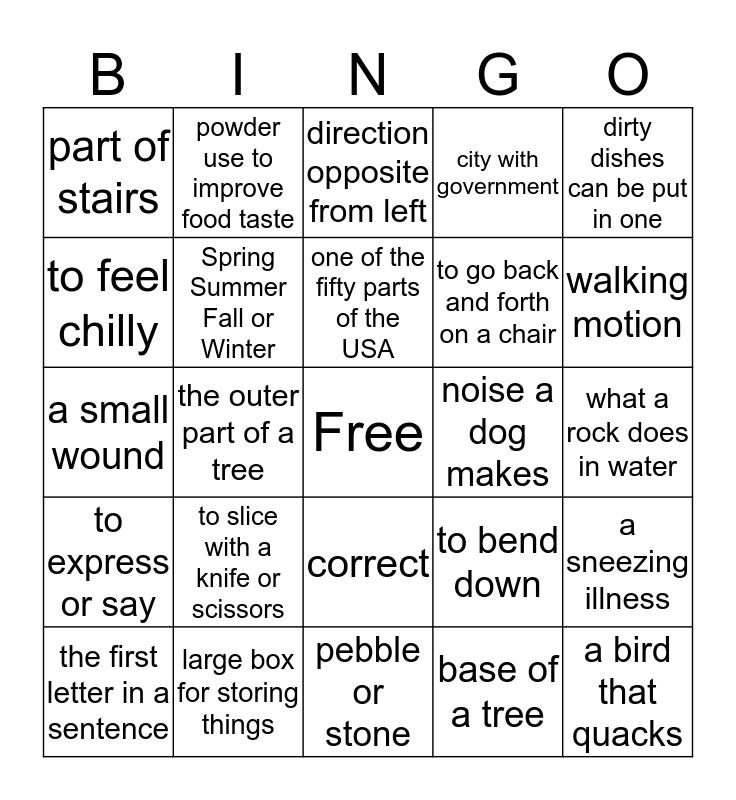 Multiple Meaning Words Bingo Card