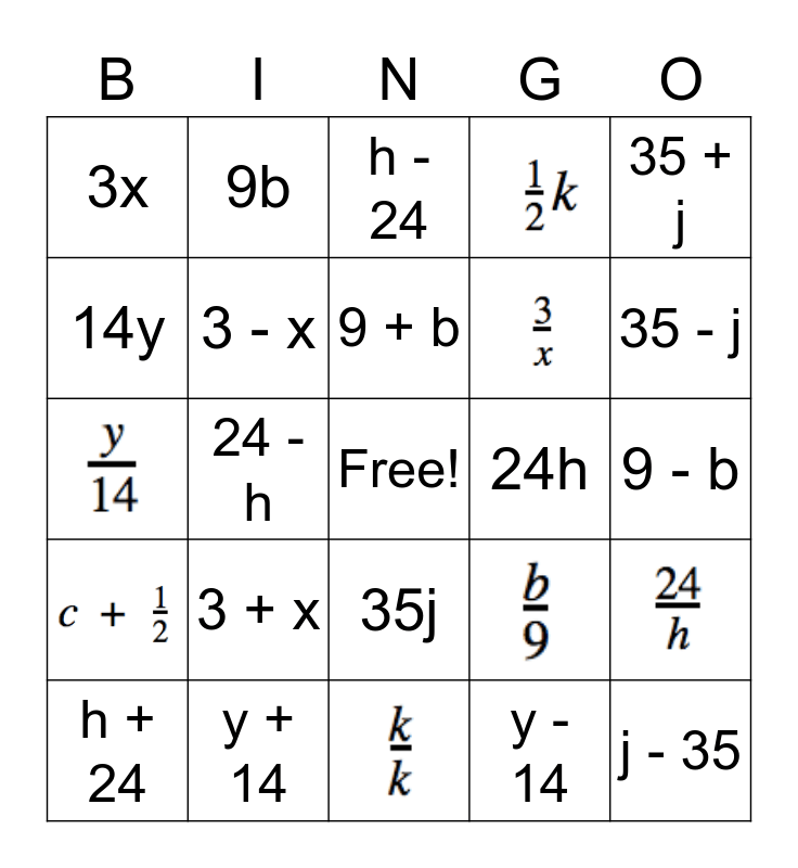 Algebraic Expression Bingo Card