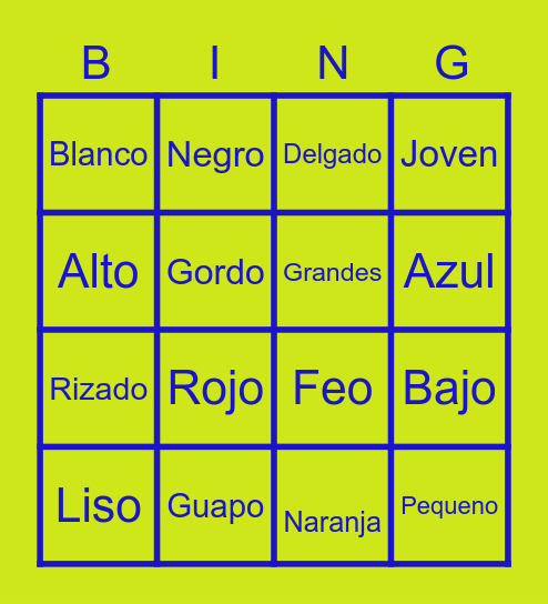Spanish Adjectives Bingo Card