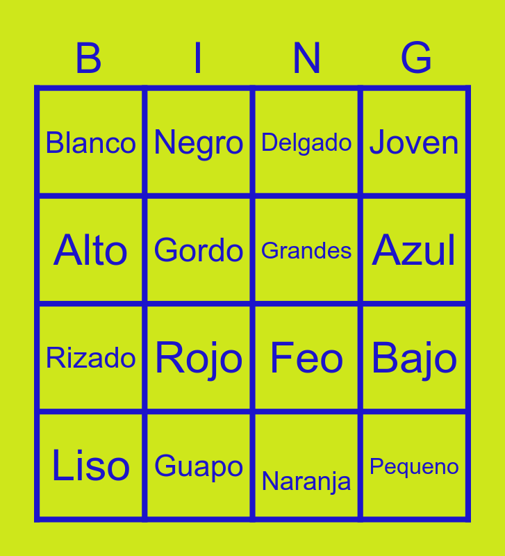 Spanish Adjectives Bingo Card