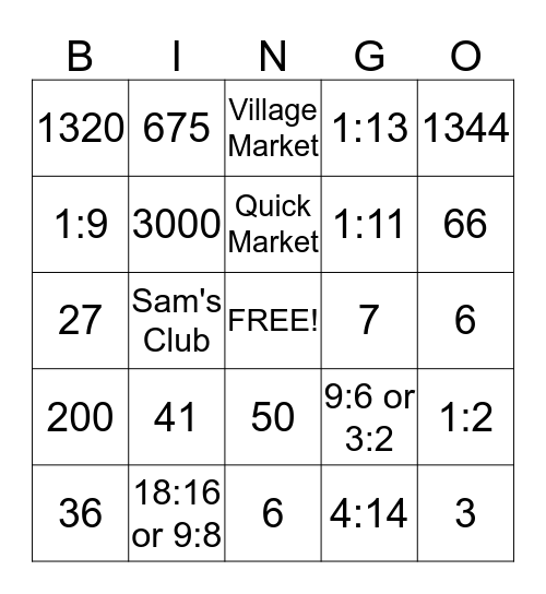 Ratios & Rates Bingo Card
