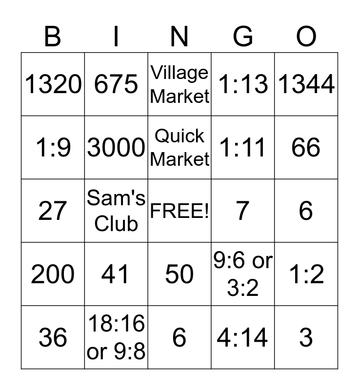 Ratios & Rates Bingo Card