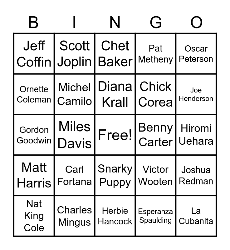 Jazz Artist Bingo Card