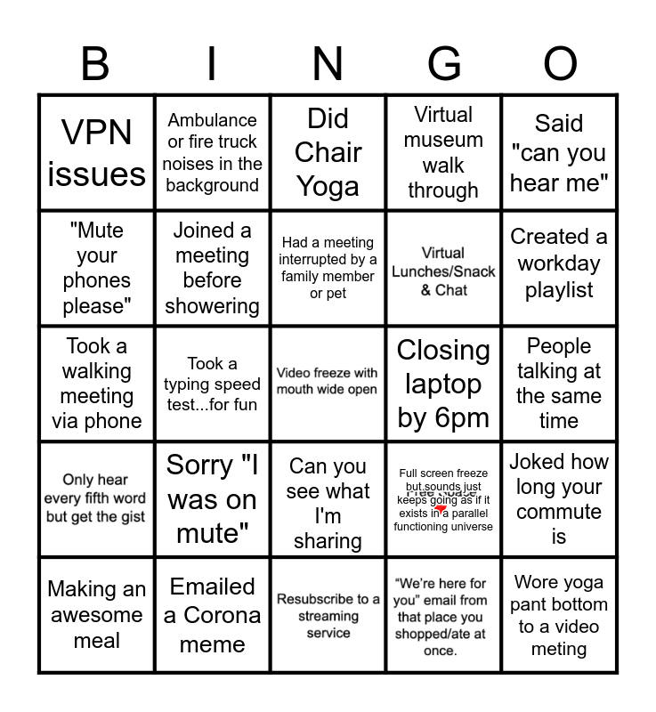Remote Work Bingo Card