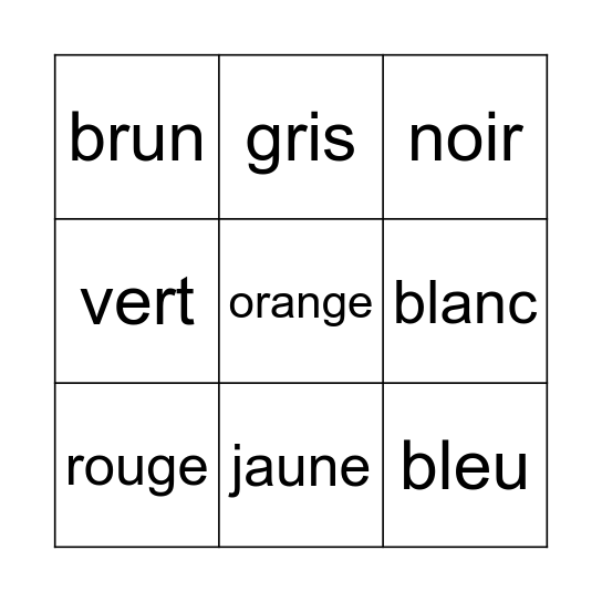 Les couleurs Bingo Card