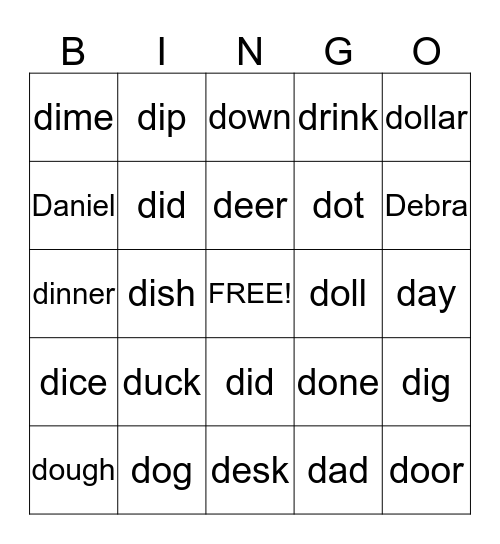 D Words Bingo Card D Words Bingo Card