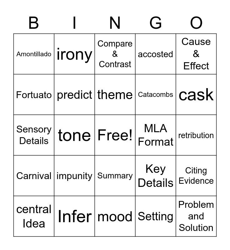 The Cask of Amontillado Bingo Card