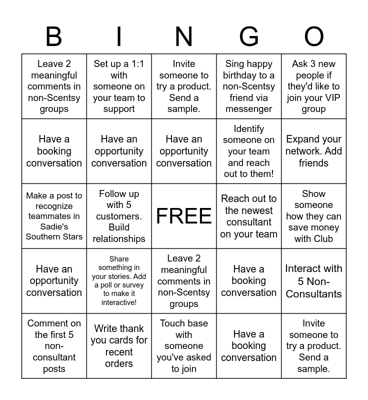 Sadie's Southern Stars Power Hour Bingo Card