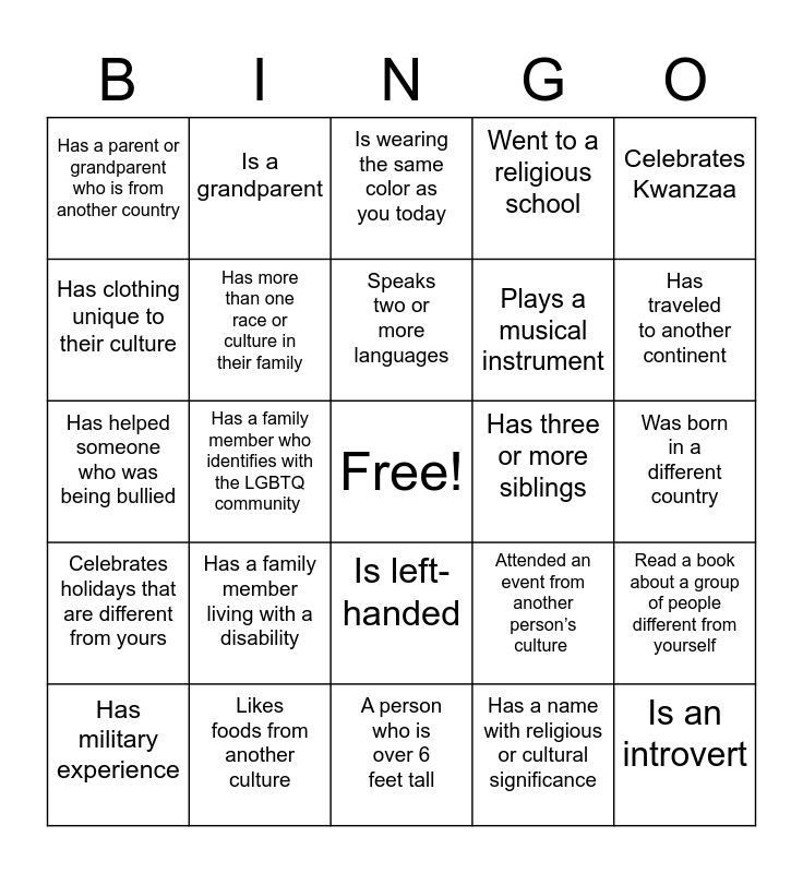My Diversity Bingo Card