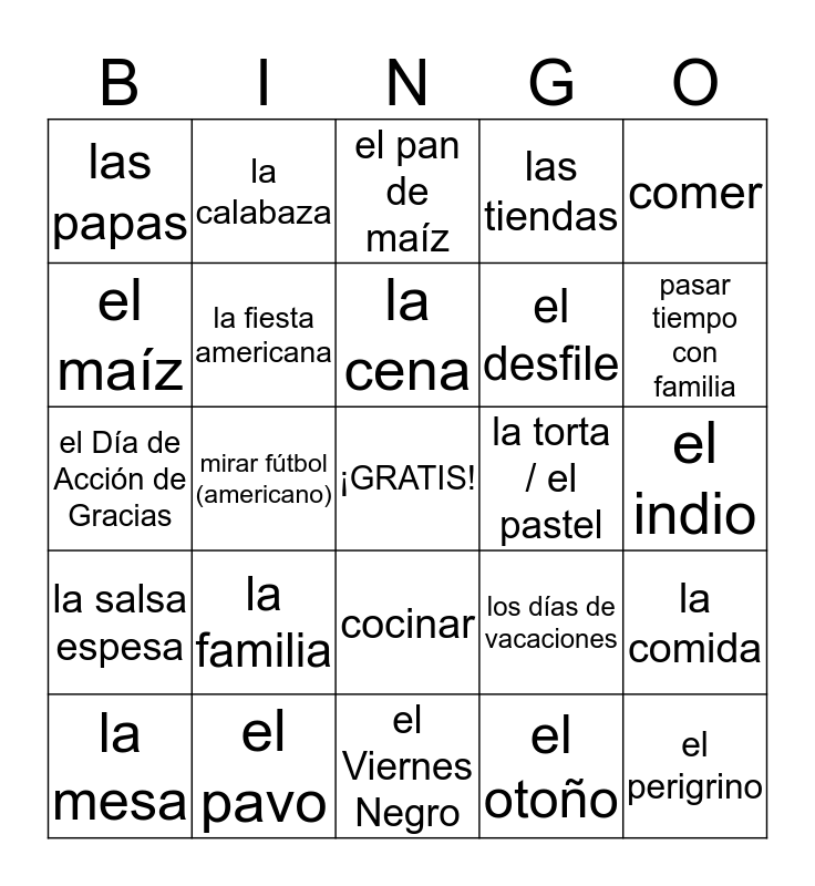 Bingo del DIA de ACCION de GRACIAS Bingo Card
