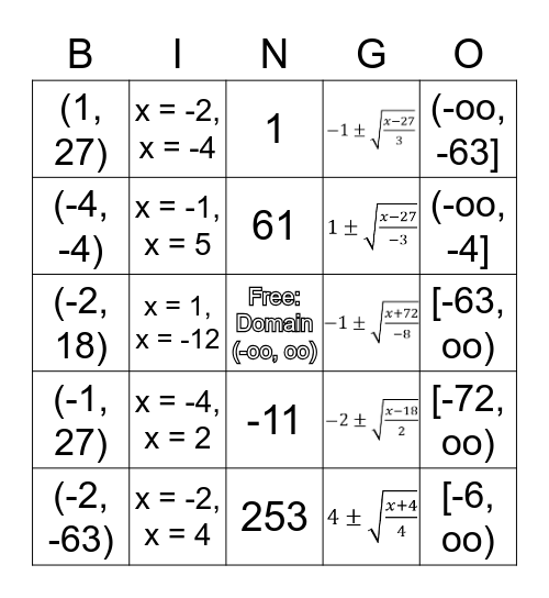 Quadratic Bingo Card