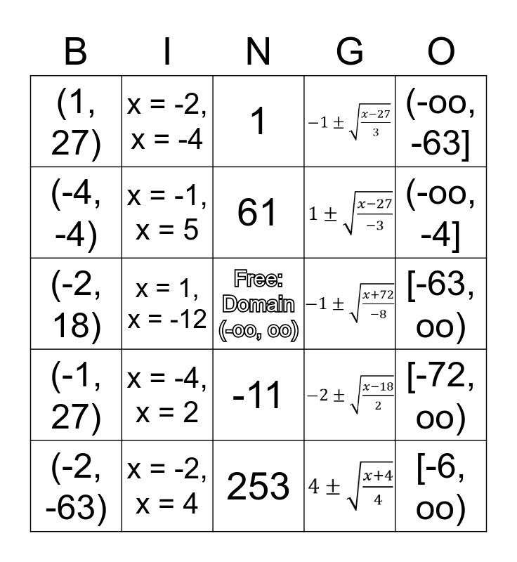 Quadratic Bingo Card