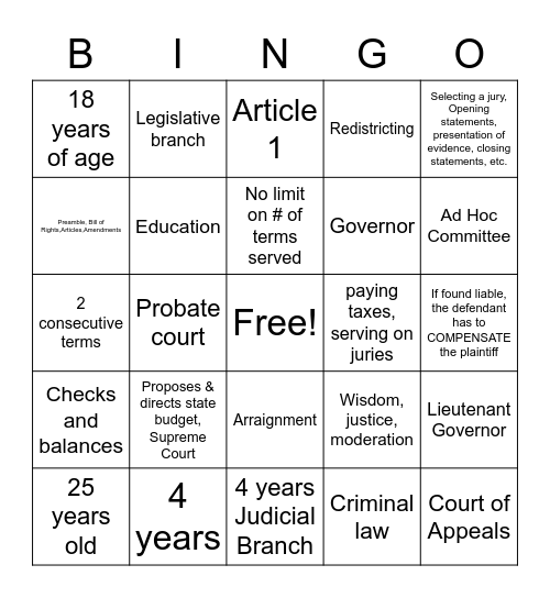 GA Government Bingo Card
