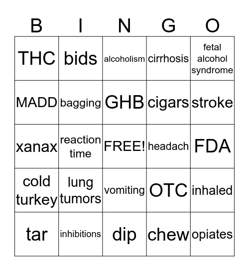 Drug Bingo Card