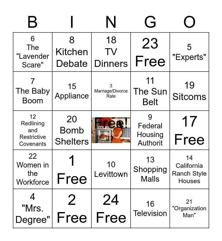 Postwar American Society: Suburban Life Bingo Card