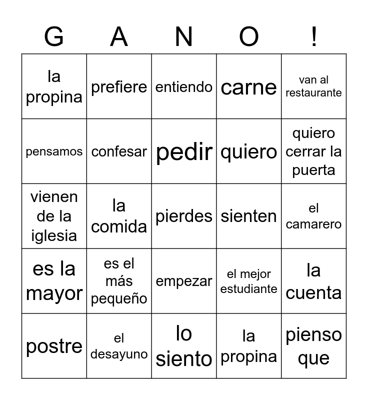 Spanish 2 - Chapter 1 Lesson 1 Bingo Card