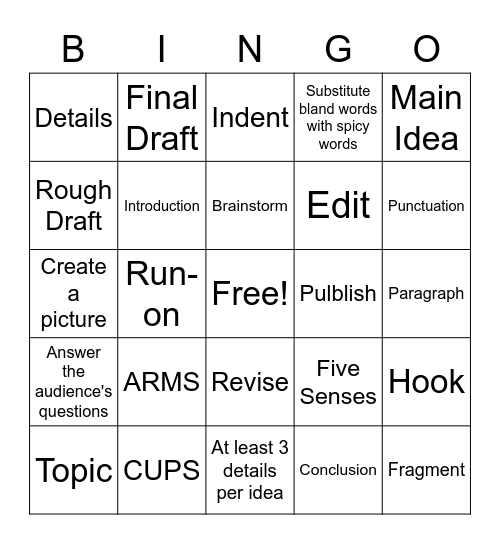 Writing Process Bingo Card