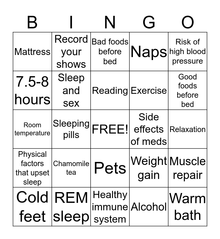 Sleep Hygiene Bingo Card